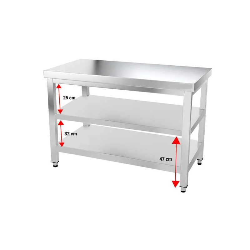 Tables de travail inox professionnelles avec 2 étagères