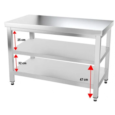 Tables de travail inox professionnelles avec 2 étagères