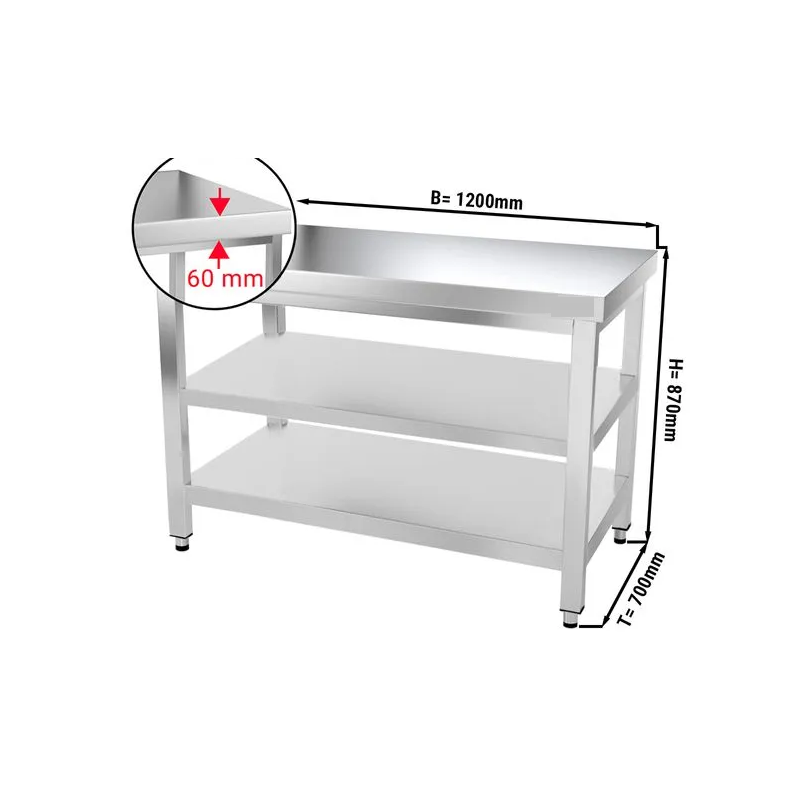Tables de travail inox professionnelles avec 2 étagères